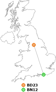 Distance between BD23 and BN12 - postcode-info.co.uk