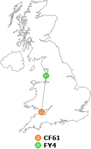 Distance between CF61 and FY4 - postcode-info.co.uk