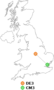 Distance between DE3 and CM3 - postcode-info.co.uk