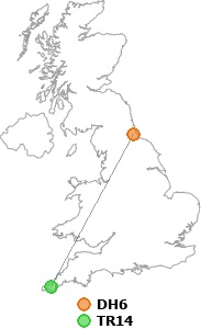 Distance between DH6 and TR14 - postcode-info.co.uk