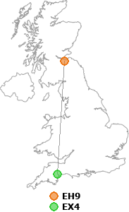 Distance between EH9 and EX4 - postcode-info.co.uk