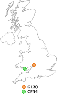 Distance between GL20 and CF34 - postcode-info.co.uk