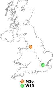 Distance between M26 and W1B - postcode-info.co.uk