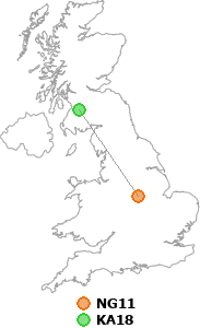 Distance between NG11 and KA18 - postcode-info.co.uk