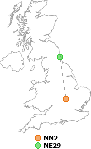 Distance between NN2 and NE29 - postcode-info.co.uk