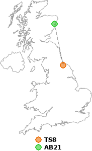 Distance between TS8 and AB21 - postcode-info.co.uk